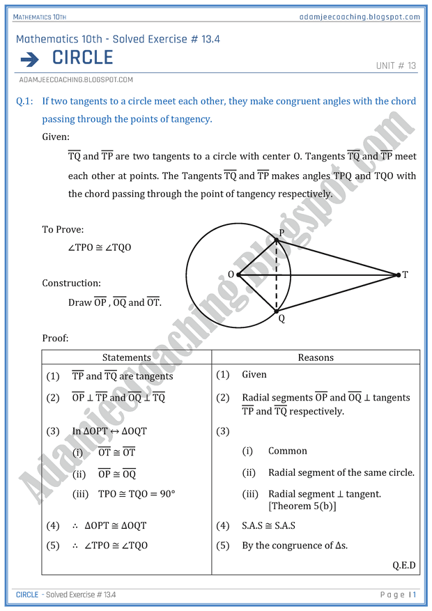 Adamjee Coaching: Circle - Exercise 13.4 - Mathematics 10th