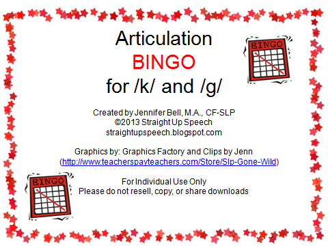 Straight Up Speech: Articulation BINGO for /k/ and /g/