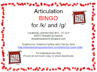 Straight Up Speech: Articulation BINGO for /k/ and /g/