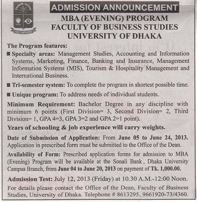 Jobs Barta: Dhaka University Evening MBA Admission Circular