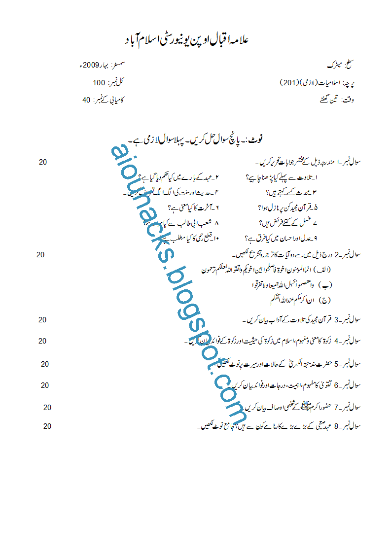 Matric Past Paper Islamiat201 2009Spring matric-past-paper-islamiat201-2009spring