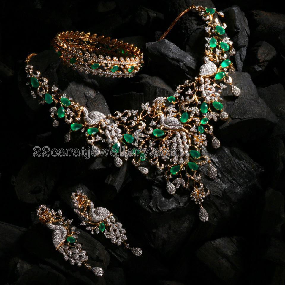 Peacock Diamond Necklace with Bangle and Earrings - Jewellery Designs