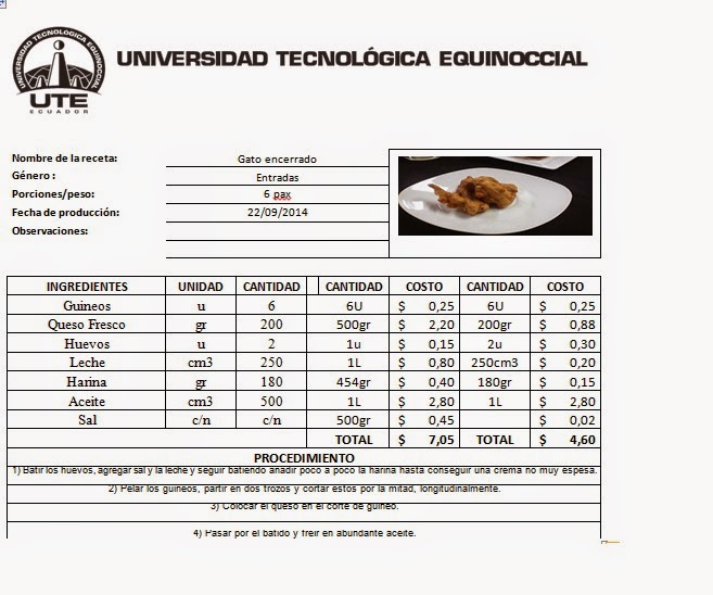 COCINA ECUATORIANA II: recetas costeadas clase 1