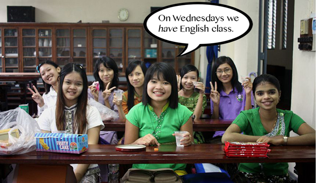 English for Burmese Speakers: "On Wednesdays, we attend English class."