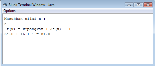 Bank Java: Program Java Pangkat dengan nilai x yang ditentukan dan rumusnya x^2 + 2*(x) + 1