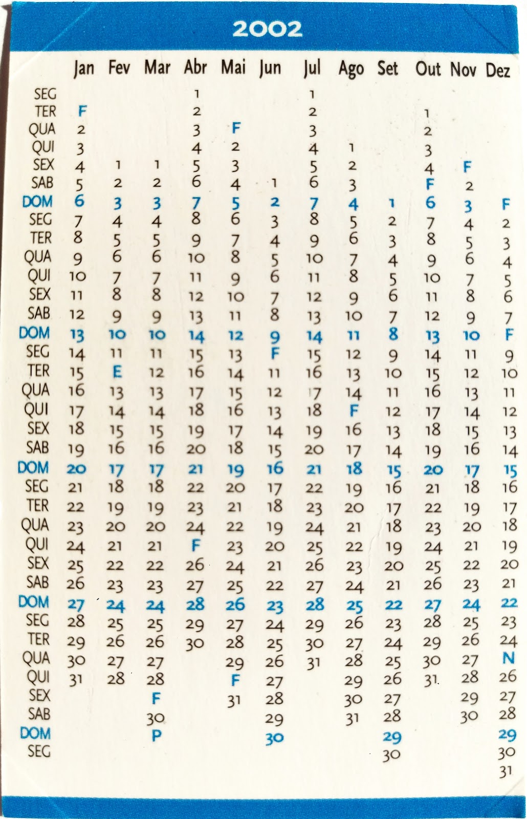 O Guarda Freio: Calendários de Bolso 2002