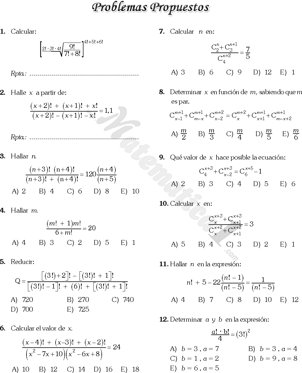FACTORIAL DE UN NUMERO Y NUMERO COMBINATORIO EJERCICIOS RESUELTOS PDF
