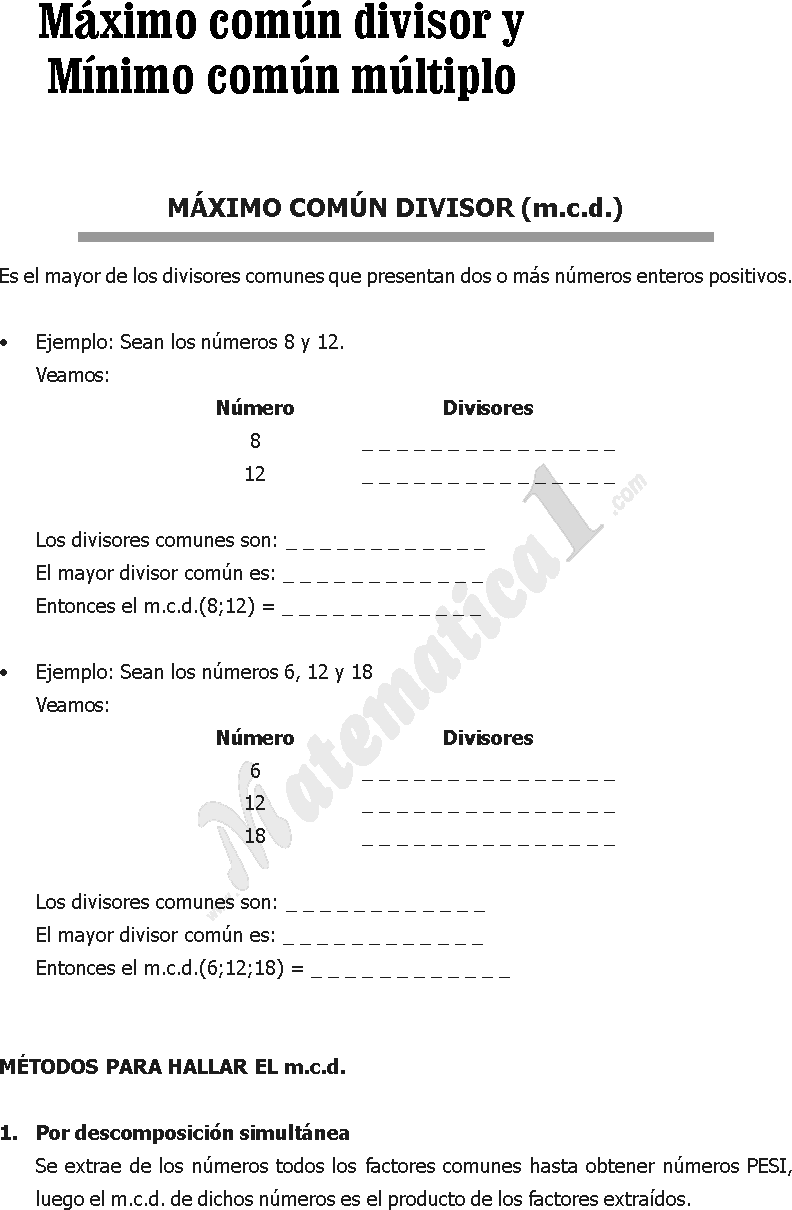 MAXIMO COMUN DIVISOR Y MINIMO COMUN MULTIPLO EJERCICIOS RESUELTOS PDF