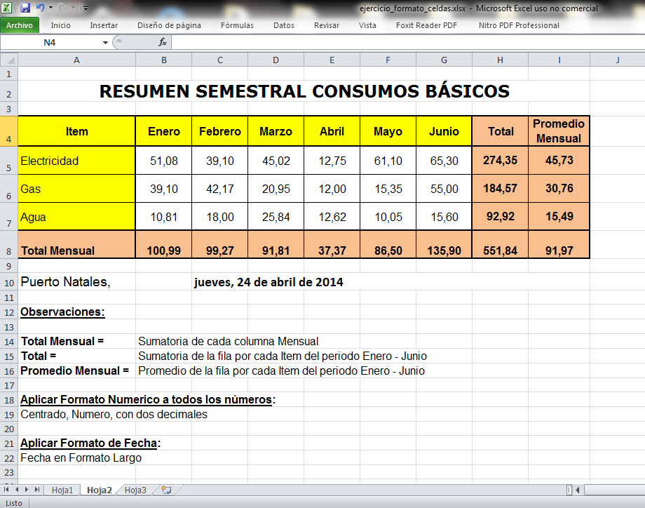 TIC's Colegio Puerto Natales - Chile: Ejercicios Excel - Formatos de Celdas