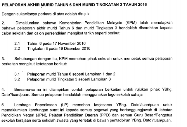 PANDUAN DAN CONTOH PELAPORAN BAGI MURID TAHUN 6 DAN TINGKATAN 3 2016