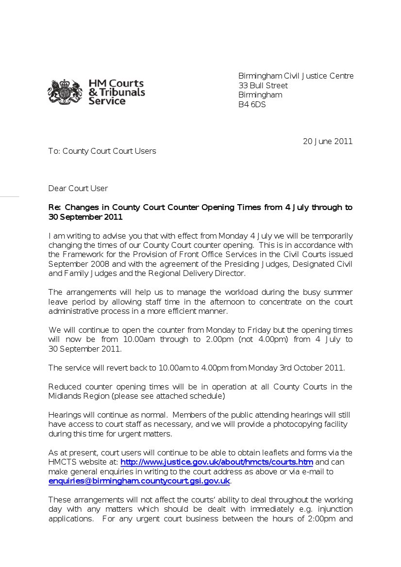 Wolverhampton Law Society: Letter to court users - Summer closure.