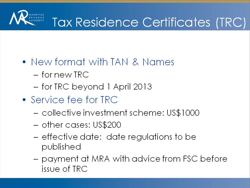 Amar: Mauritius: New service fees for Tax Residence Certificate