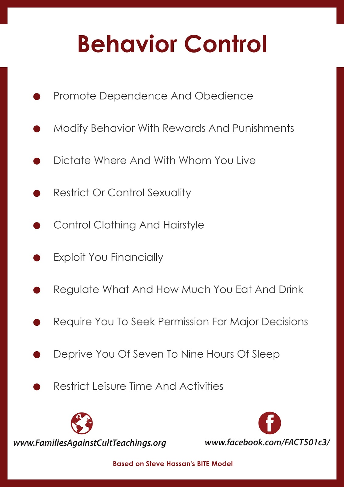 Families Against Cult Teachings : What is Behavior Control