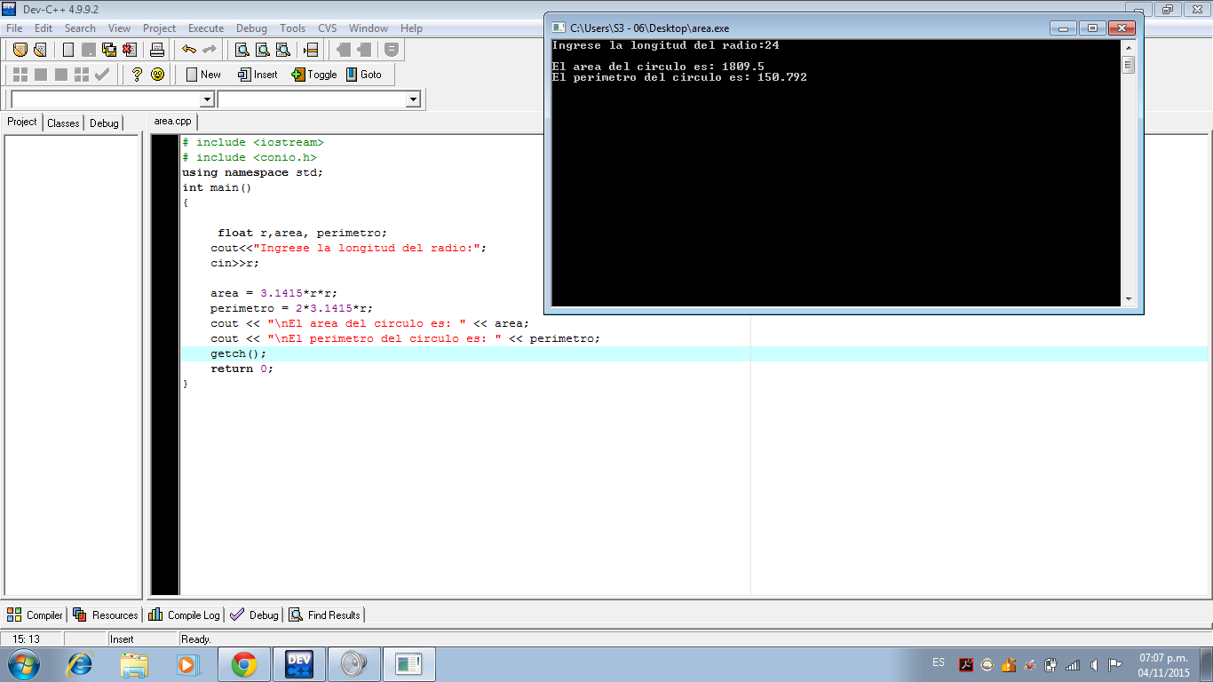 PROGRAMACION CIES C ++: CALCULAR ÁREA Y PERÍMETRO DE UN CIRCULO