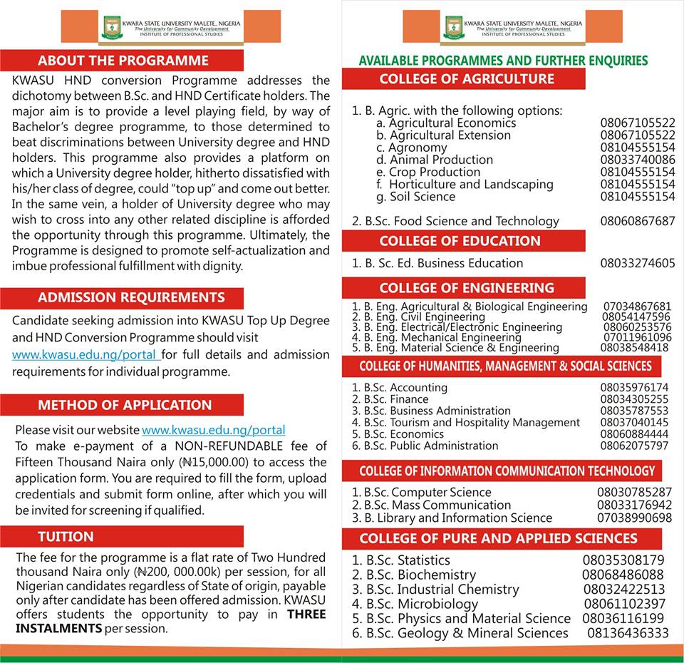 KWASU TOP UP/HND CONVERSION PROGRAMME FOR 2018 SESSION FORM NOW ON ...