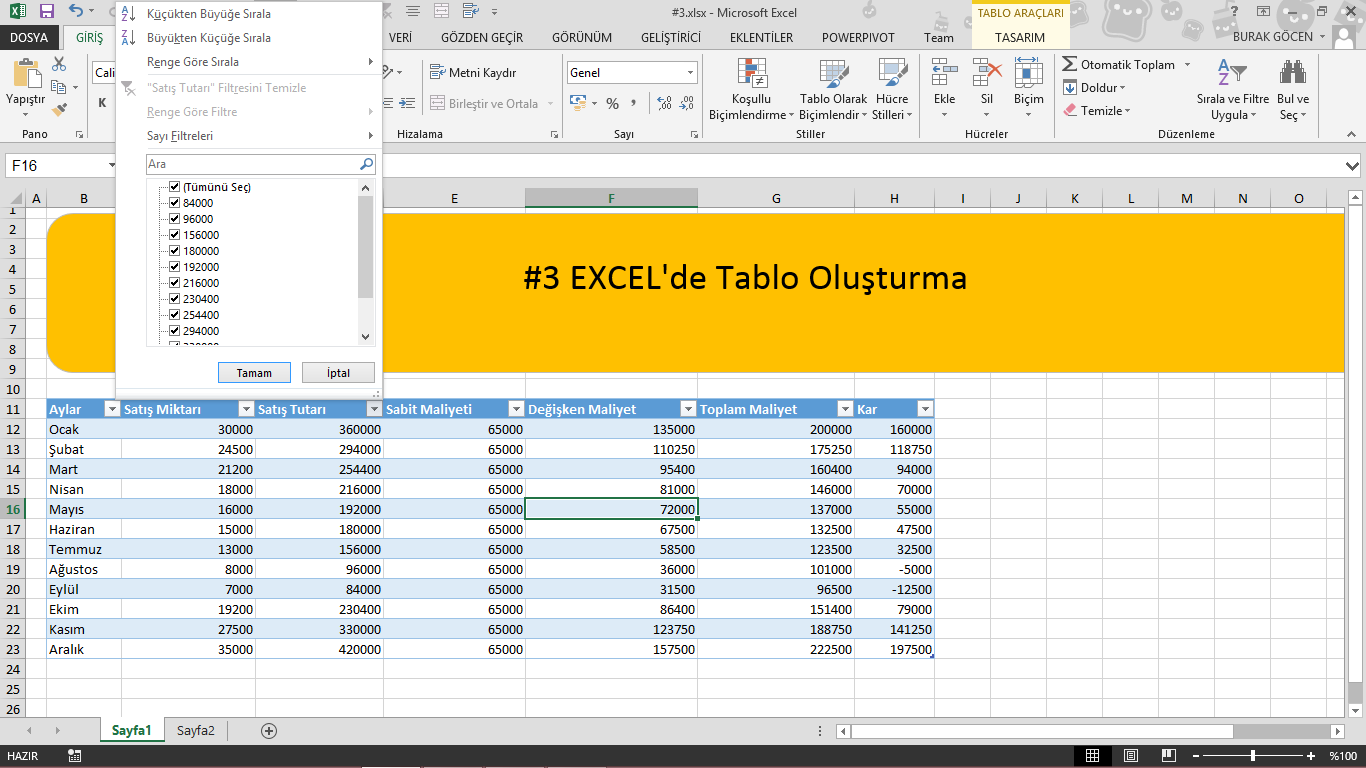 #3 EXCEL'de Tablo Oluşturma | Bak Bilgilere!