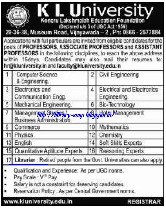 The Library Soup : Librarian Vacancy at K L University, Vijayawada ...