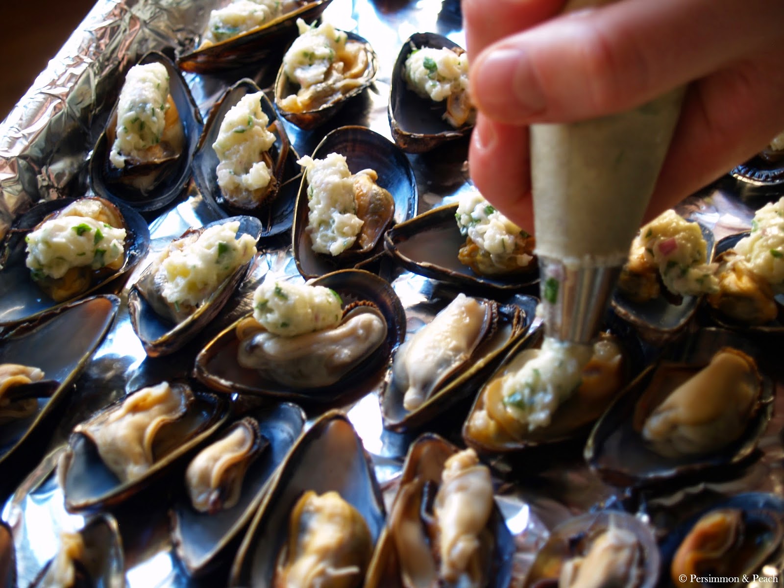 Persimmon and Peach: Mussels on the Half Shell, Gratinéed