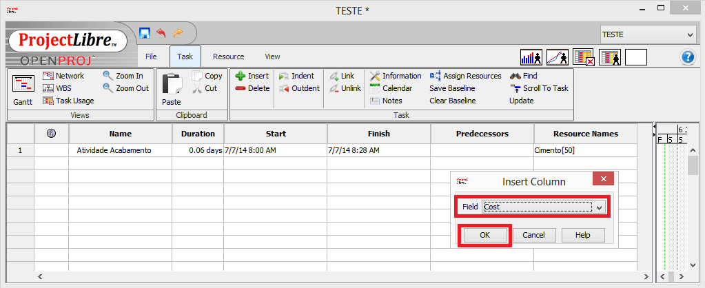 Canal ProjectLibre: Recurso Material no ProjectLibre