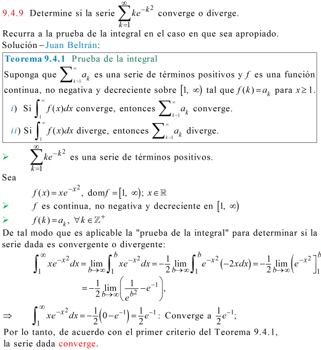 Banco de matemáticas: Series. Prueba de la integral. Zill_Cálculo I. 9.4_9