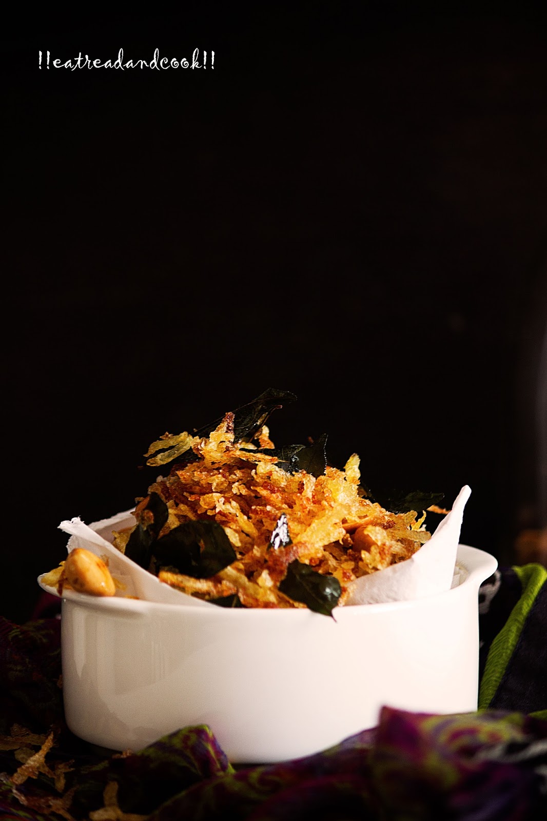 Kari Pata r Badam Diye Alur Jhuri Bhaja / Shredded Potato Fries with ...