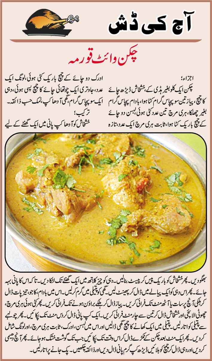 Daily Cooking Recipes in Urdu: Chicken White Qorma Recipe