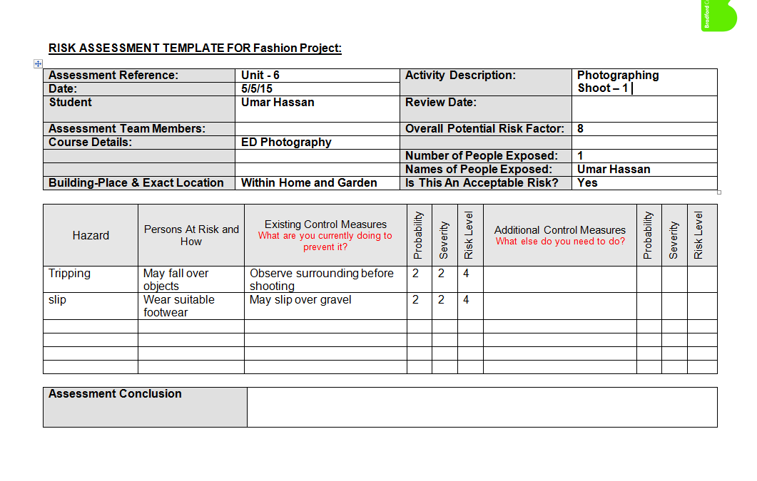 Umar's Photography Blog : Risk assessment form for all shoots