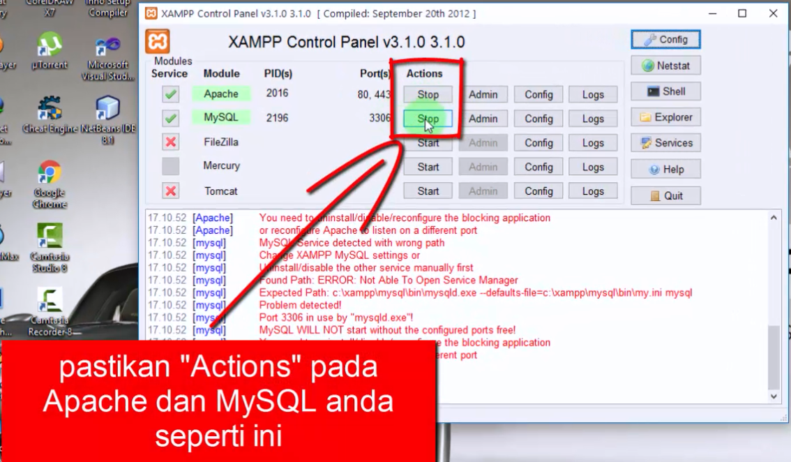 1. Pastikan pada “XAMPP Control Panel” anda sudah seperti gambar berikut