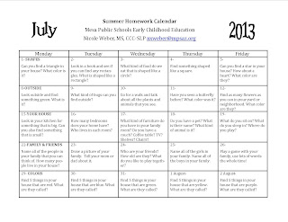 Speech Therapy with Miss Nicole: Summer 2013 Homework Calendars ...