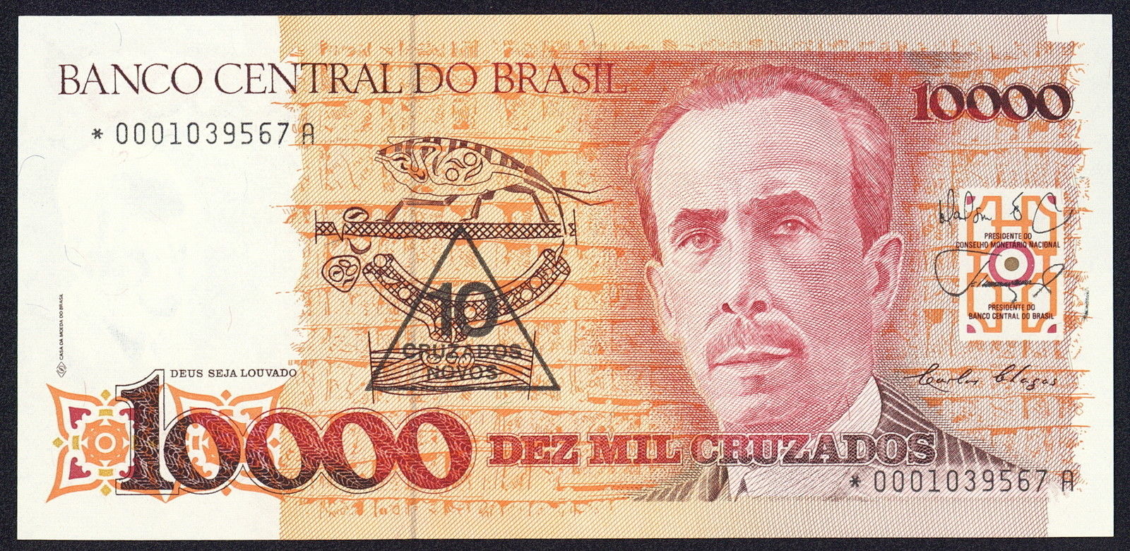 Brazil 10 Cruzados Novos on 10000 Cruzados banknote 1989 Carlos Chagas ...