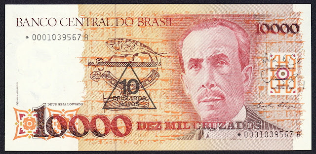 Brazil 10 Cruzados Novos on 10000 Cruzados banknote 1989 Carlos Chagas ...