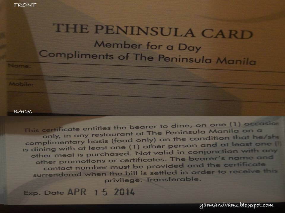 Peninsula Manila Card: Transferable Certificates