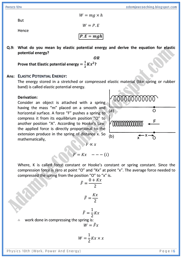 Adamjee Coaching: Work, Power And Energy - Question Answers - Physics 10th