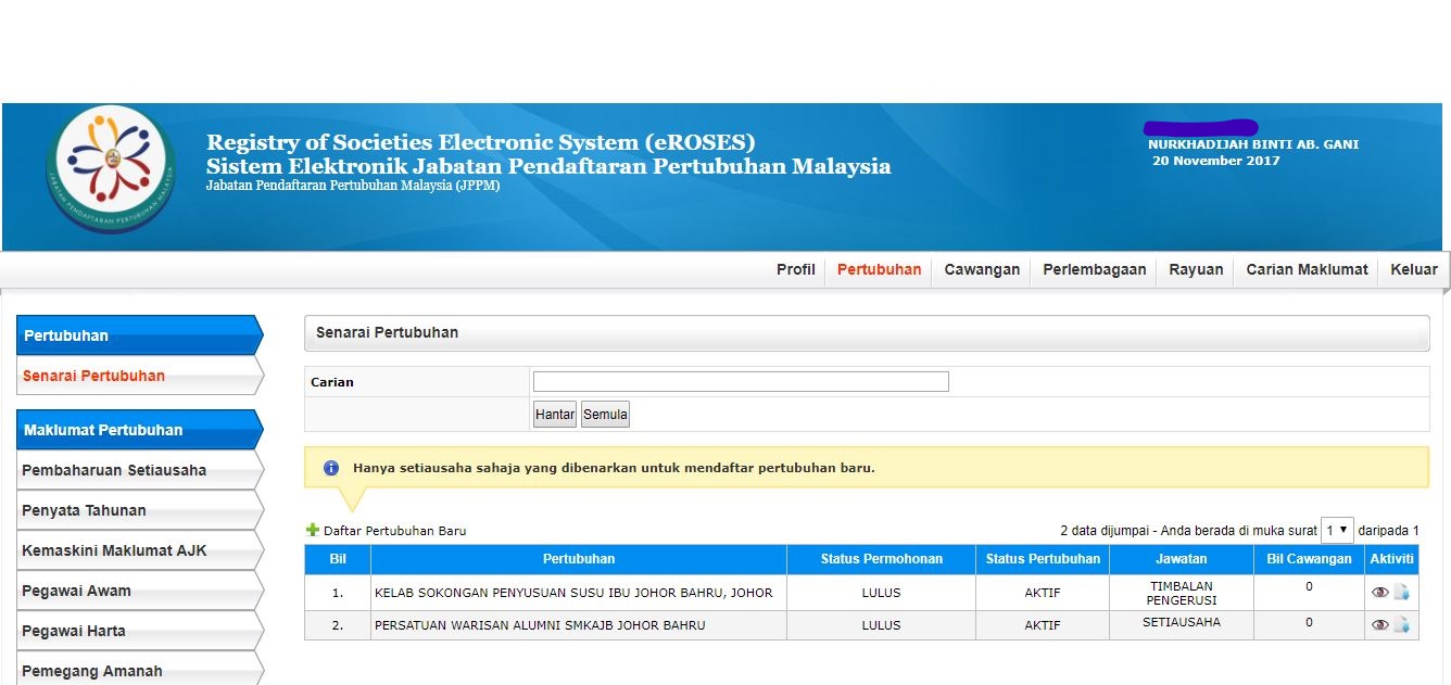 Lulus Daftar ROS : Persatuan Warisan Alumni SMKAJB Johor Bahru