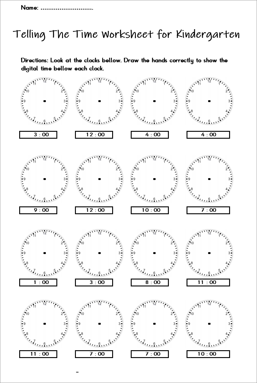 Telling The Time Worksheet for Kindergarten