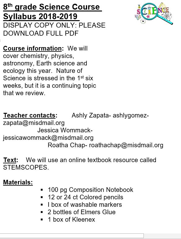 2018-2019 TA Howard 8th Grade Science Syllabus
