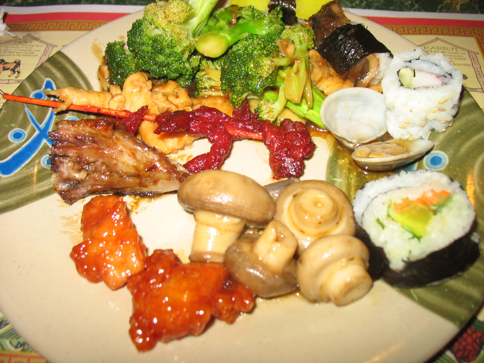 3 kinds of sushi here, baby clams, Peking duck, mushrooms, General Tso ...