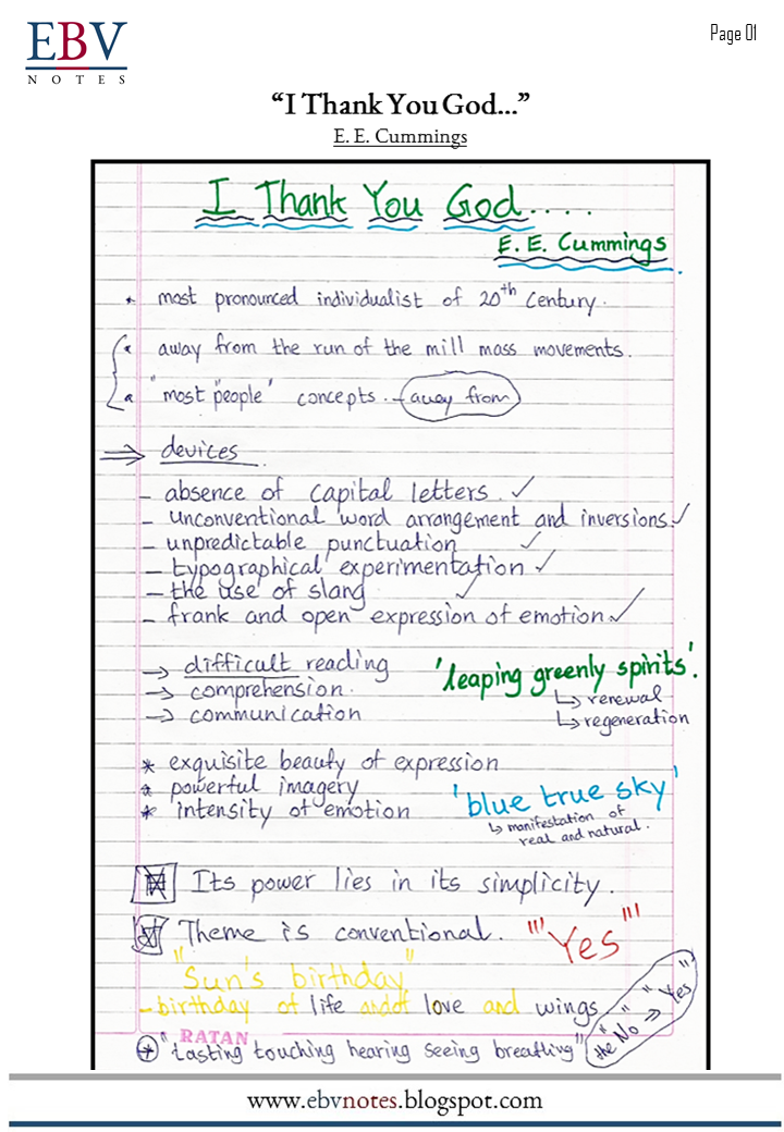 EBV NOTES: "I Thank You God" | e. e. cummings | Short Exam Notes