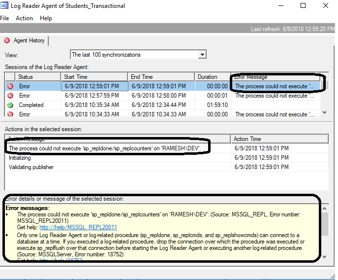 The process could not execute 'sp_repldone/sp_replcounters' on 'RAMESH\DEV'. (Source: MSSQL_REPL ...