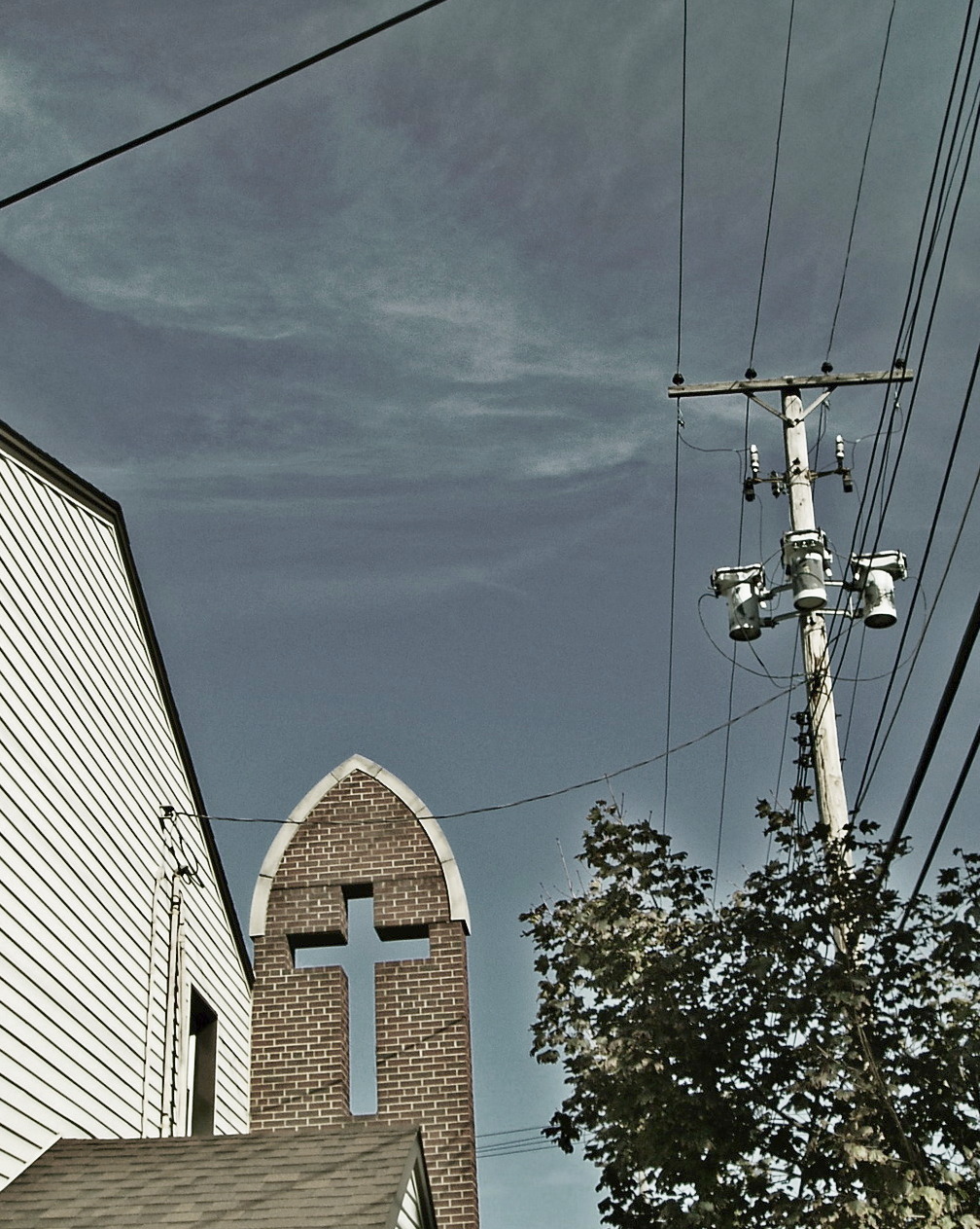 city and sky: church, wires