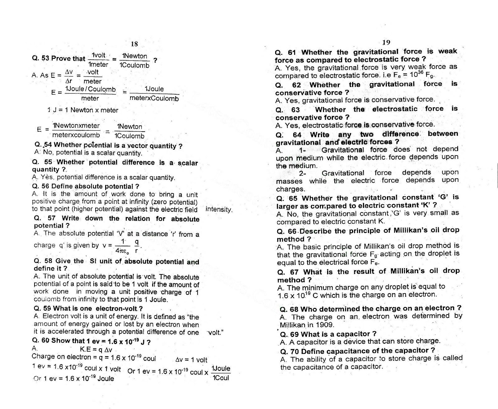 2nd Year Physics Chapter 12 Electrostatic Short Questions Notes - Ratta.pk