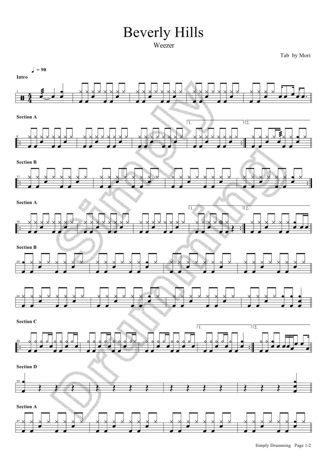 鼓手森 - Simply Drumming: Weezer - Beverly Hills drum sheet