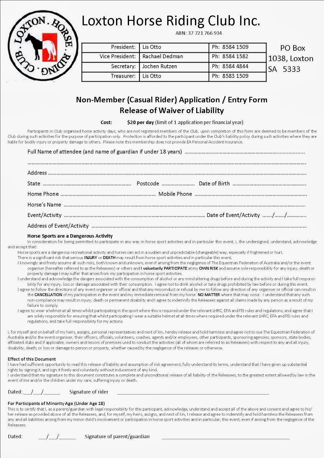 Loxton Horse Riding Club: Casual Rider Form