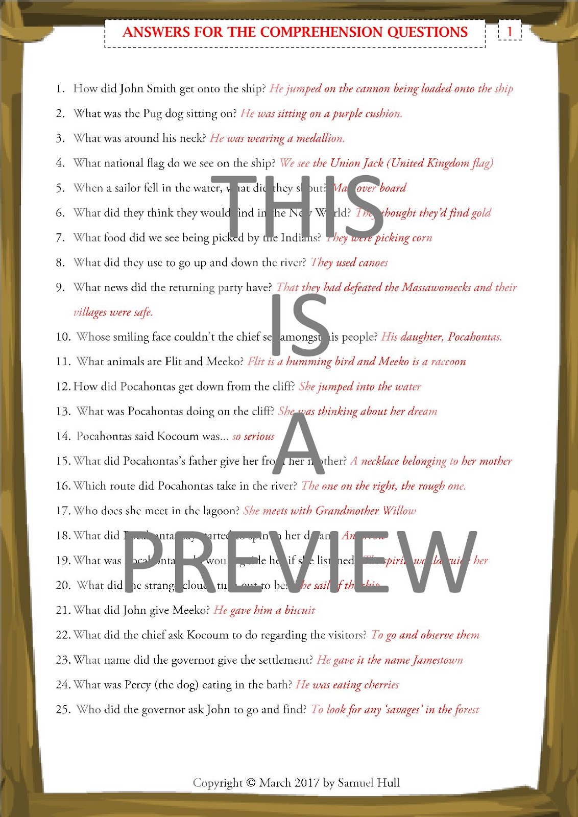 Pocahontas Movie Guide + Activities - Answer Key Inc. (Color + B&W ...