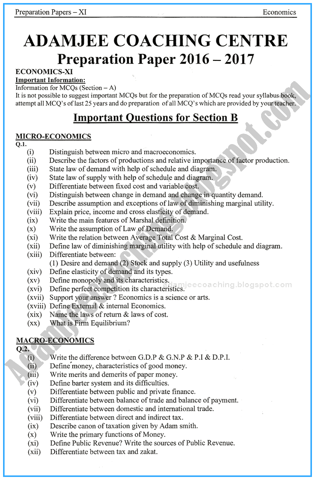 Adamjee Coaching: Economics 11th - Adamjee Coaching Guess Paper 2017