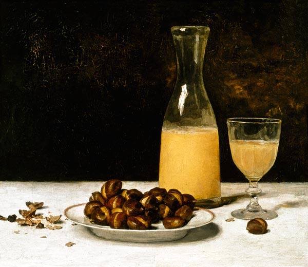 Albert Anker (1831-1910) Stillleben mit Orangensaft und Kastanien ...