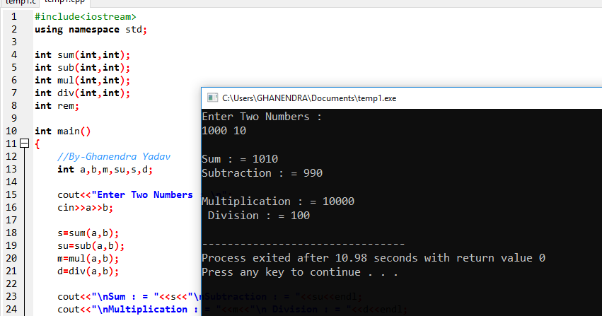C Program To Perform All Arithmetic Operations Using Functions