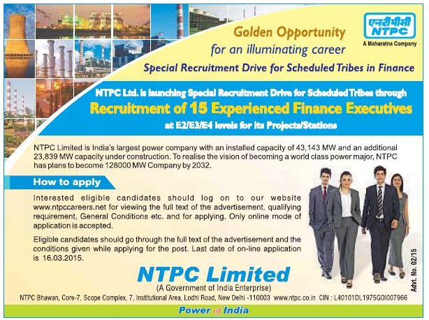 NTPC Recruitment 2015 Experienced Finance Executives (15 Vacancies)
