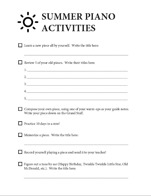 Piano Assignment Sheet for Young Beginners