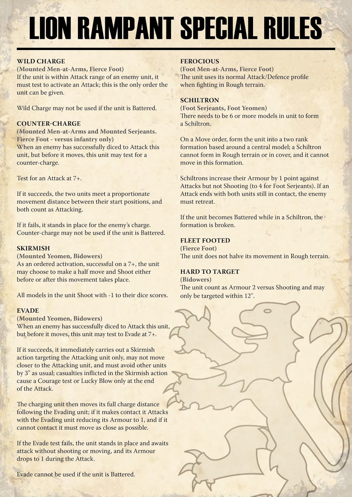 oldSarges Wargame and Model blog: Lion Rampant Reference sheet